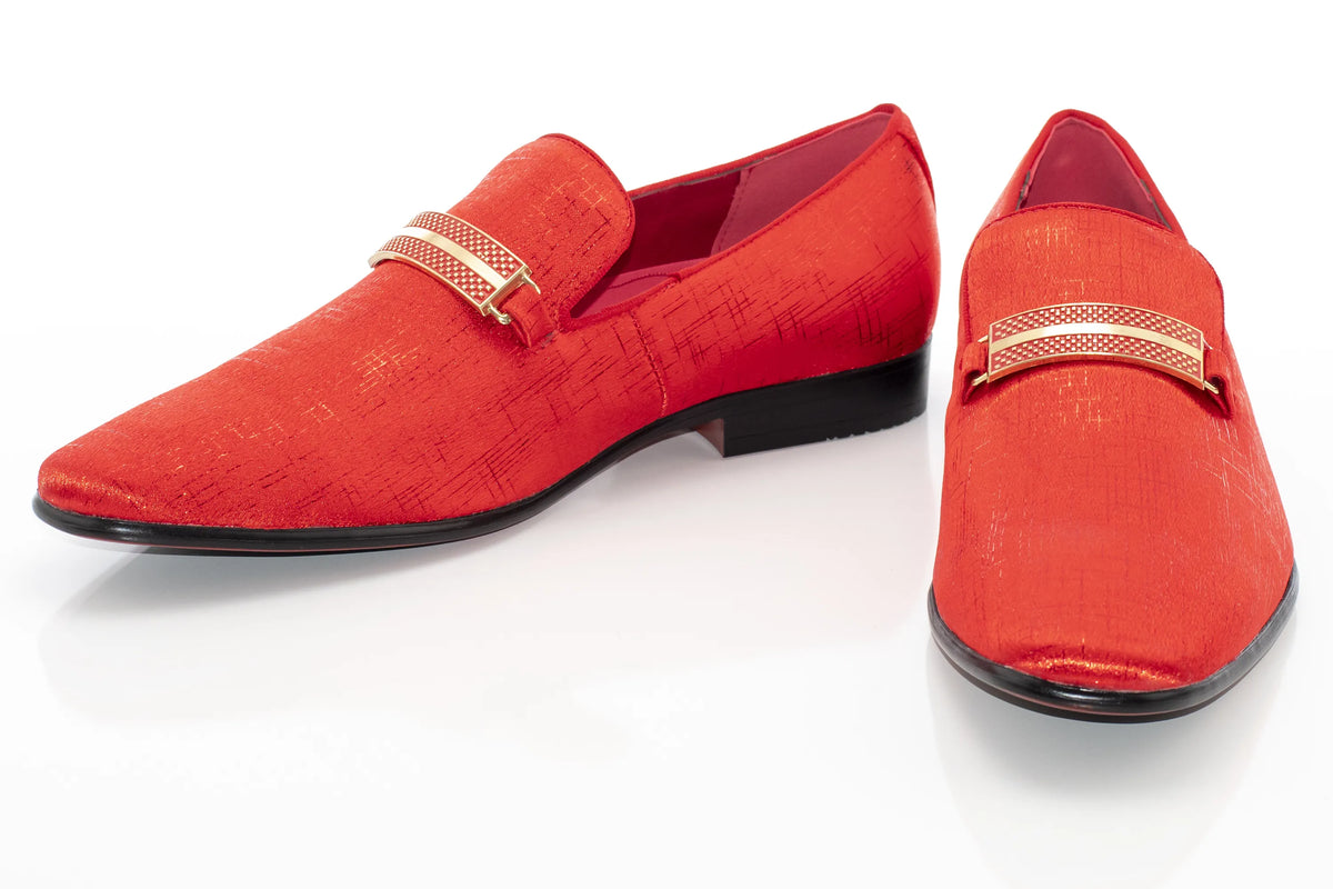 Fire Red Textured Loafer With Rectangular Bit — DOLCE VESTA